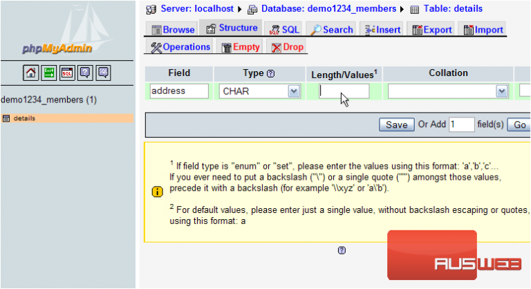 Inserting fields into database tables using phpMyAdmin - Web24